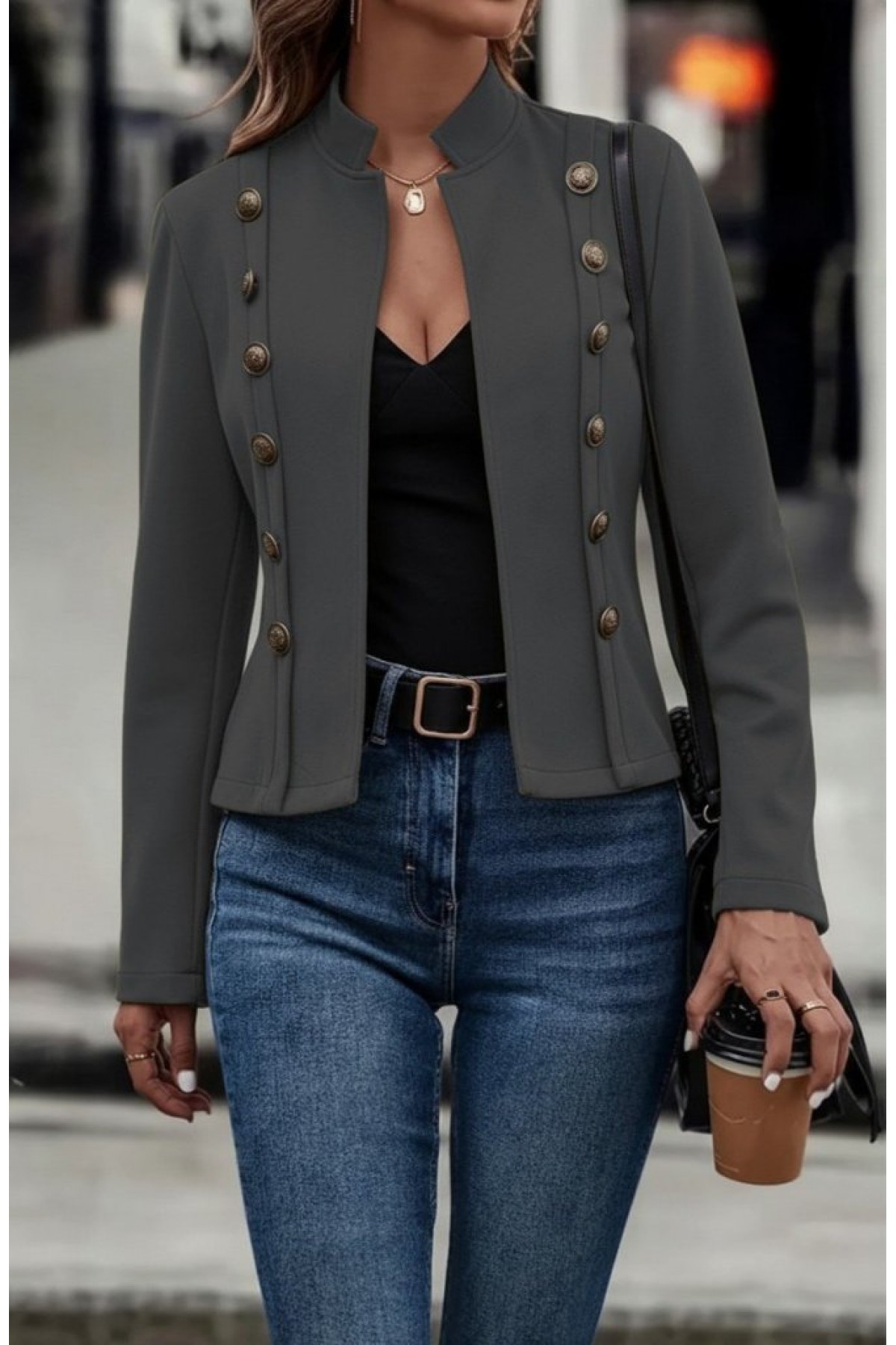 Women's Long Sleeved Stand Collar Side Buttoned Short Suede Jacket, 29559