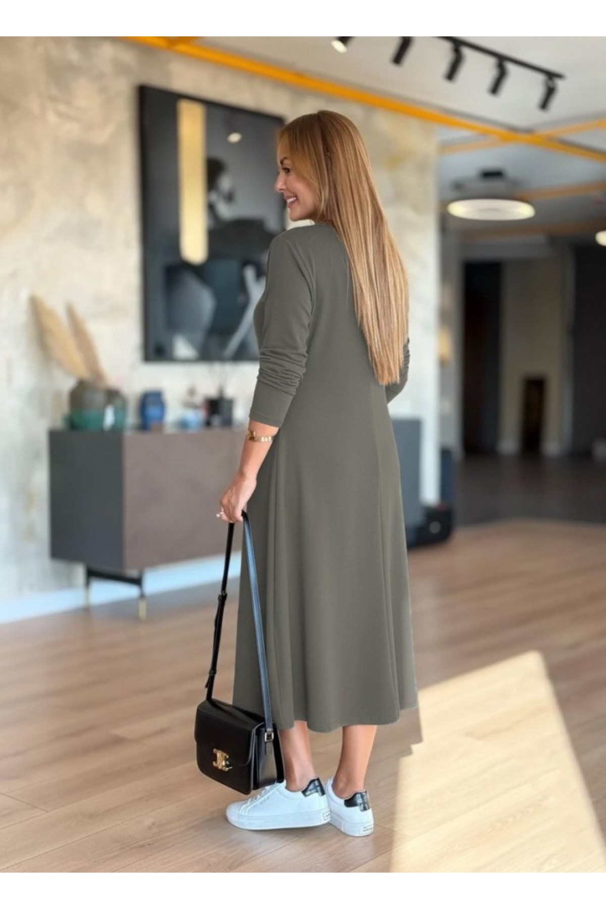 Women's Long Sleeve V-Neck Midi Almond Green Modal Dress, 29517
