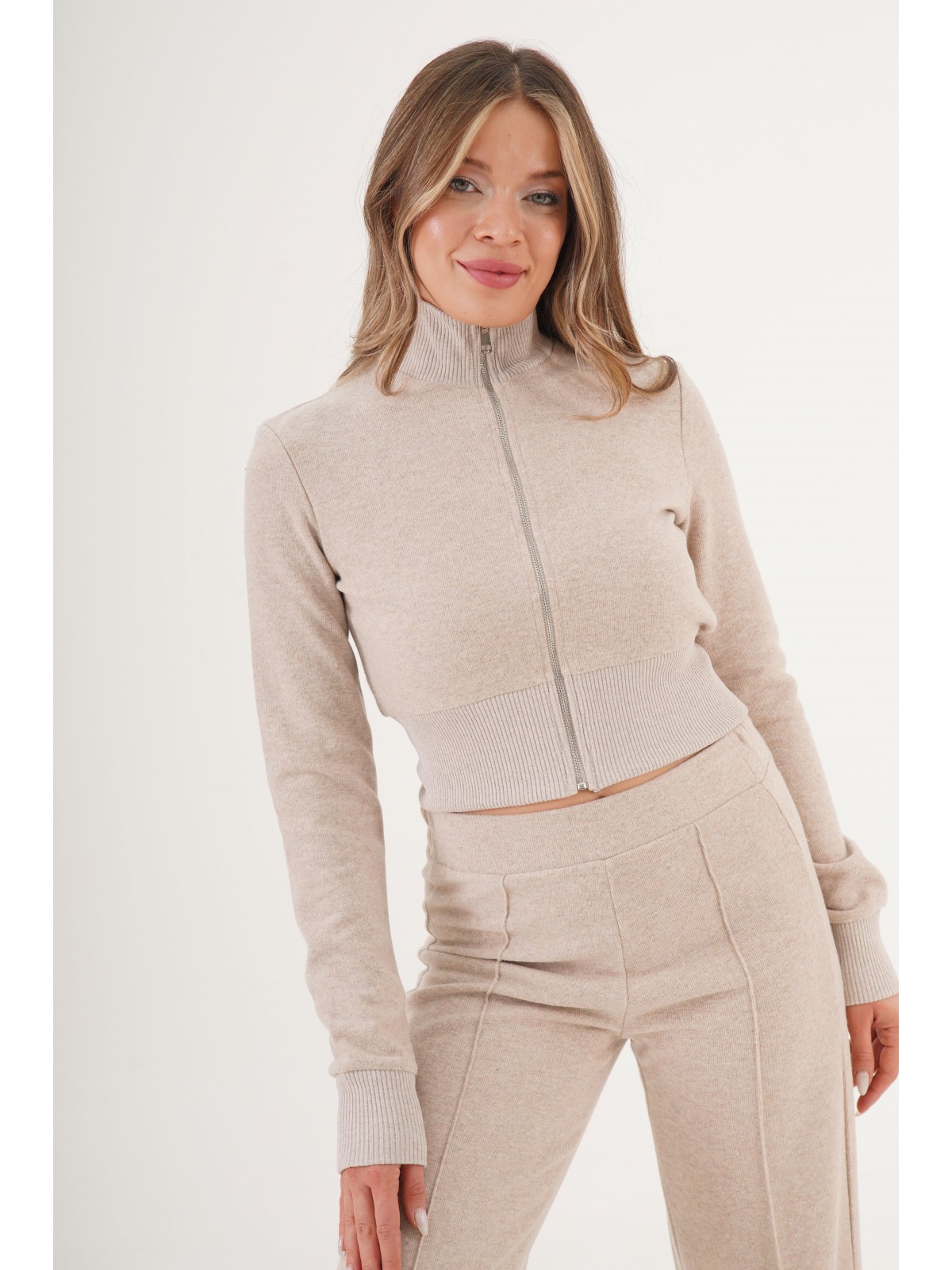 Rib Detailed Zippered Short Model Wholesale Stone Cardigan Stone