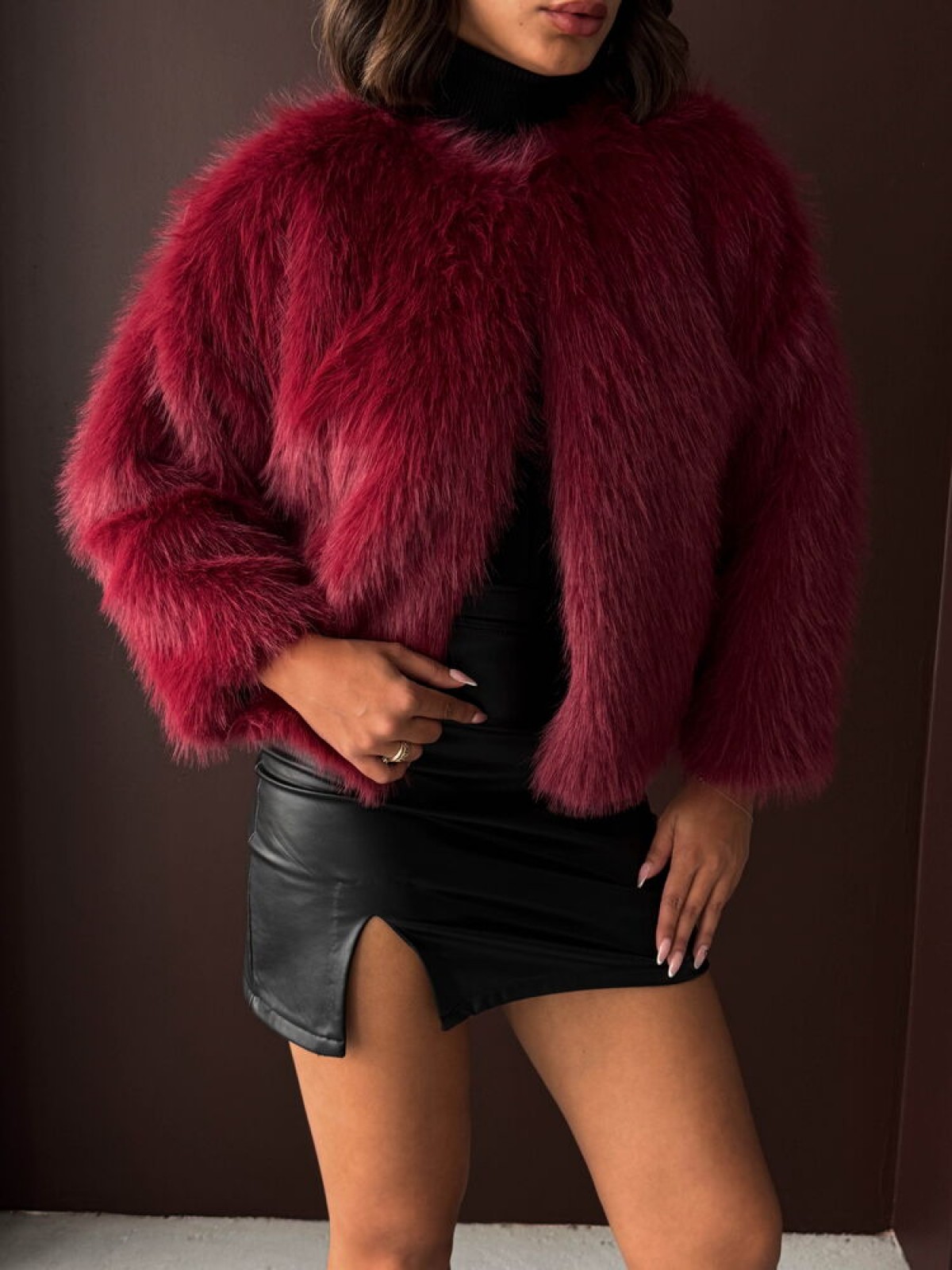 Burgundy Short Jacket with Fur Detail