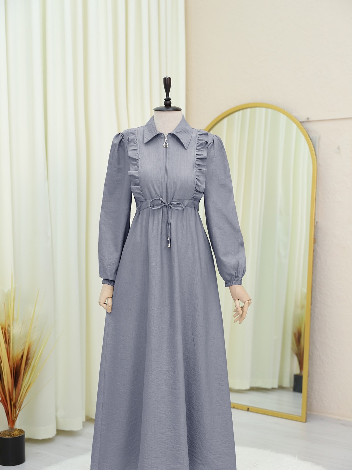 Half Buttoned Tunnel Laced Dress with Ruffle Front