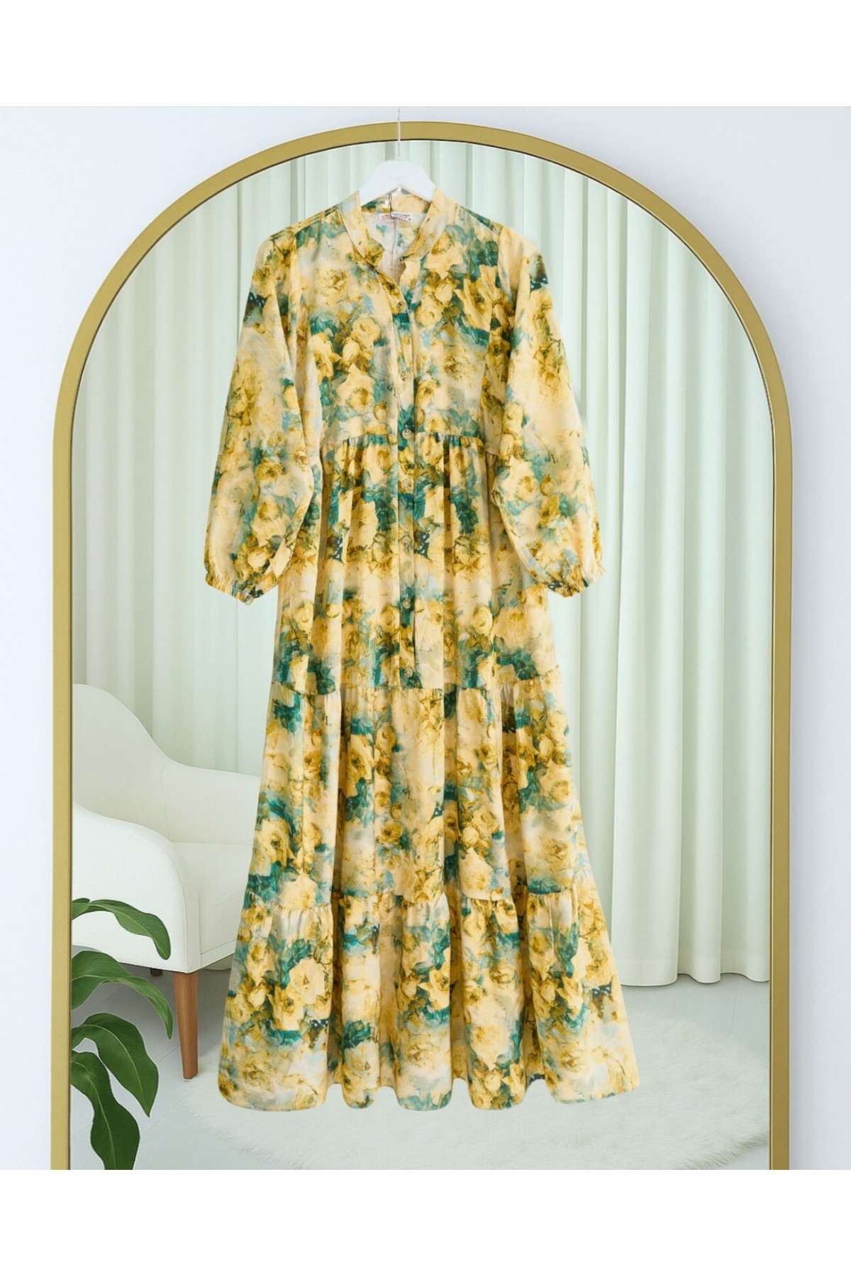 Half-Buttoned Mixed Patterned Elastic Sleeve Dress