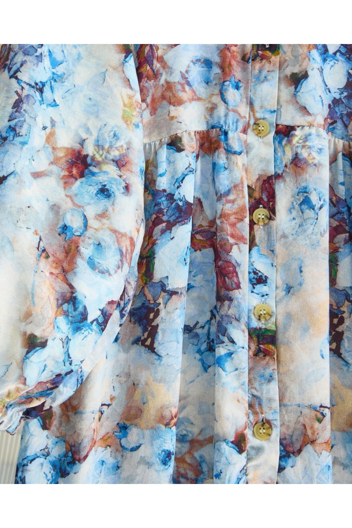 Half-Buttoned Mixed Patterned Elastic Sleeve Dress