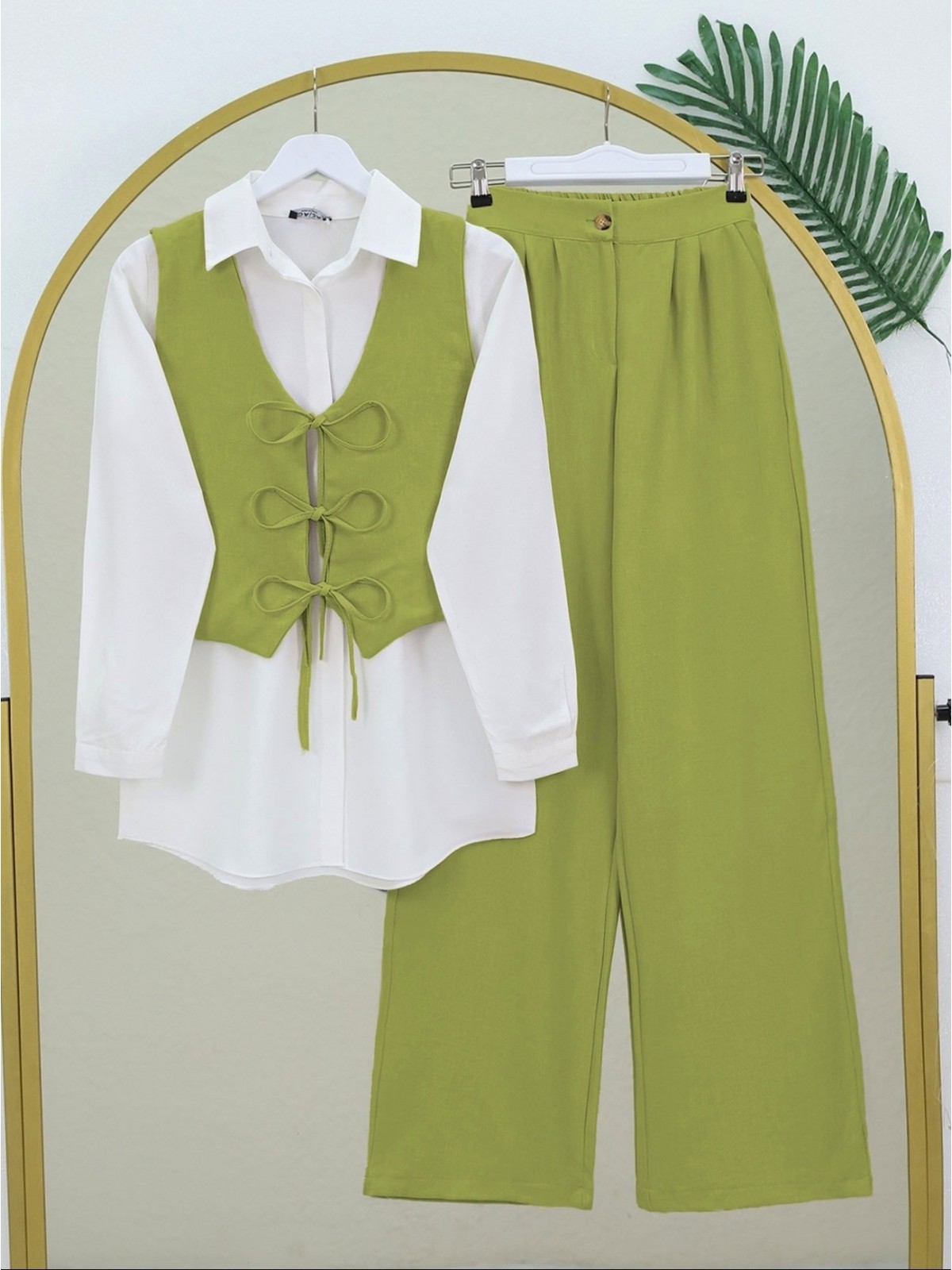 Linen Suit with Laced Vest and Wide Leg Trousers