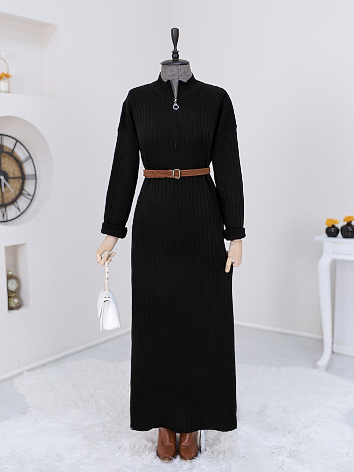Half Neck Zippered Long Knit Dress