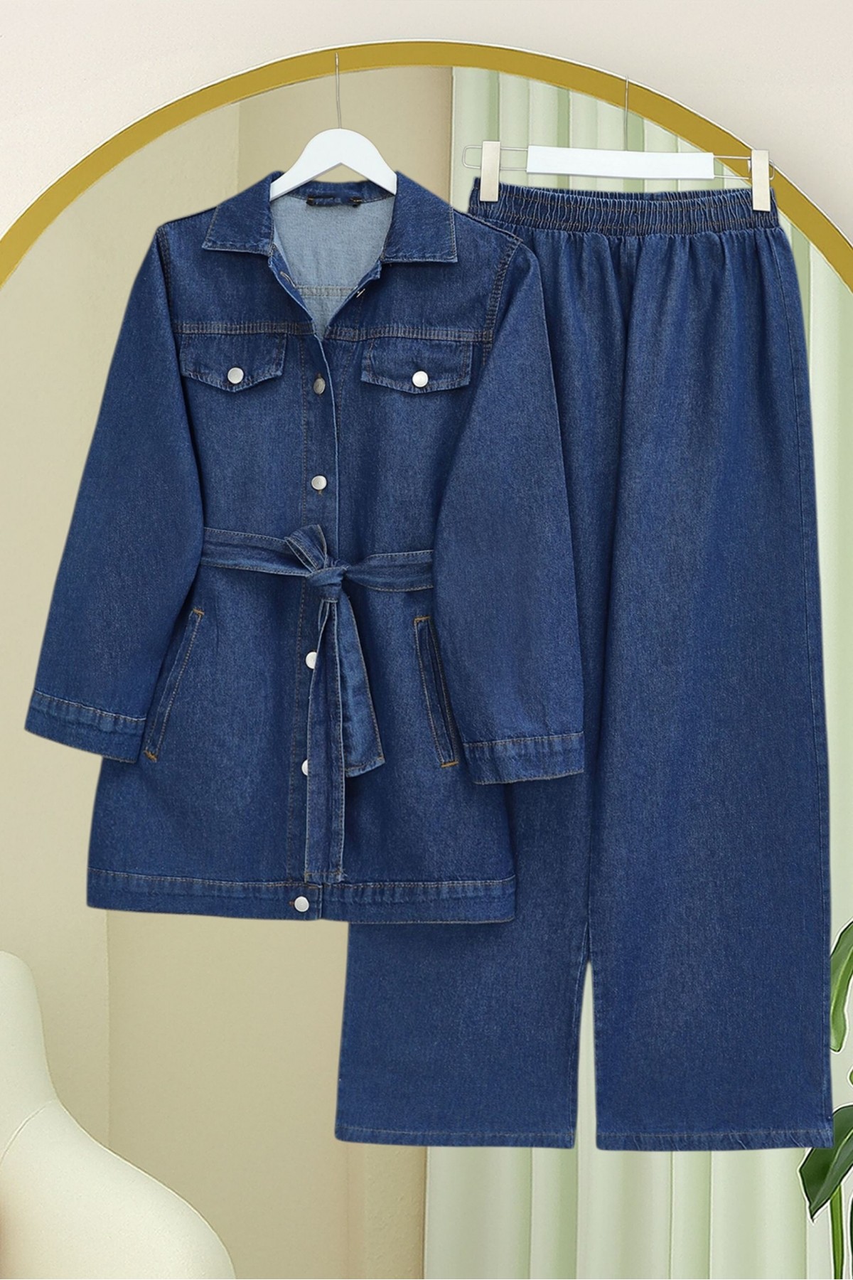 Buttoned Waist Belted Pocket Denim Two Piece Set