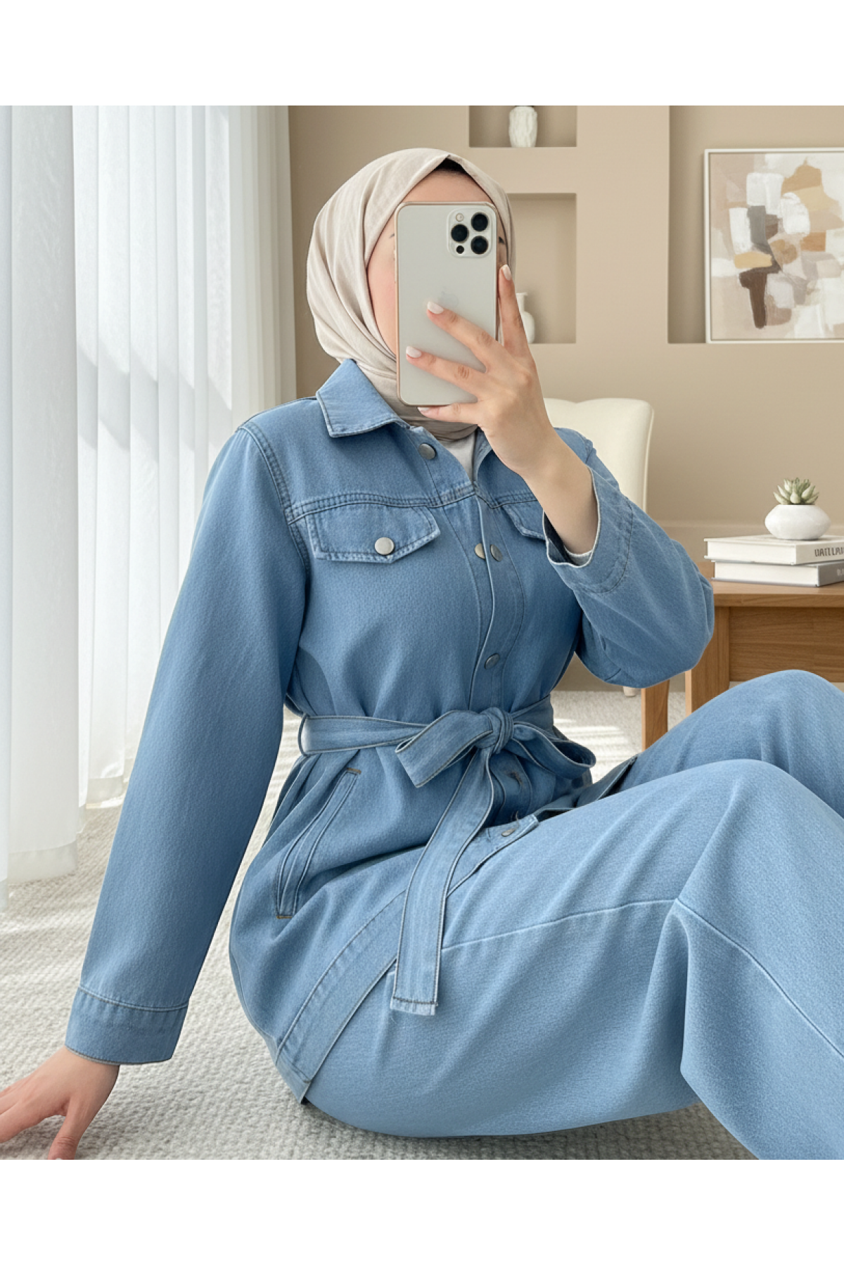 Buttoned Waist Belted Pocket Denim Two Piece Set