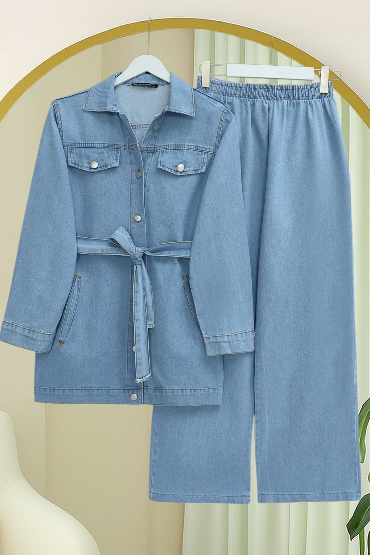 Buttoned Waist Belted Pocket Denim Two Piece Set