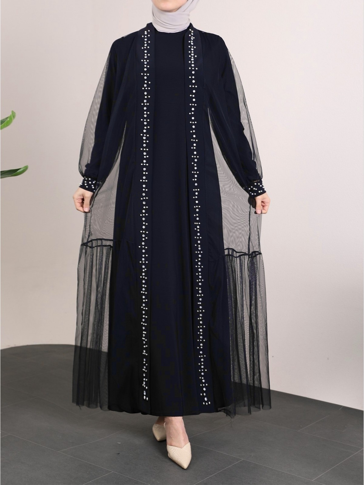 Double Abaya with Front Stone and Pearl Detail and Waist Lace