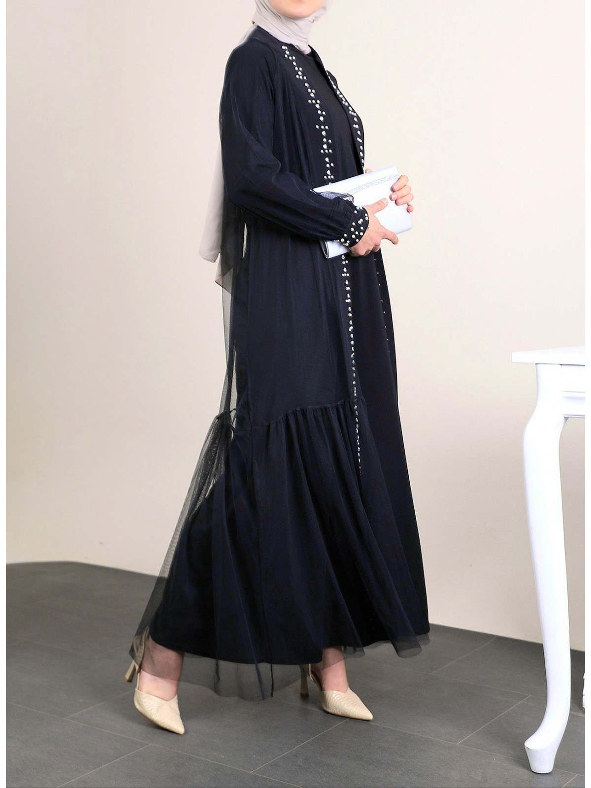 Double Abaya with Front Stone and Pearl Detail and Waist Lace